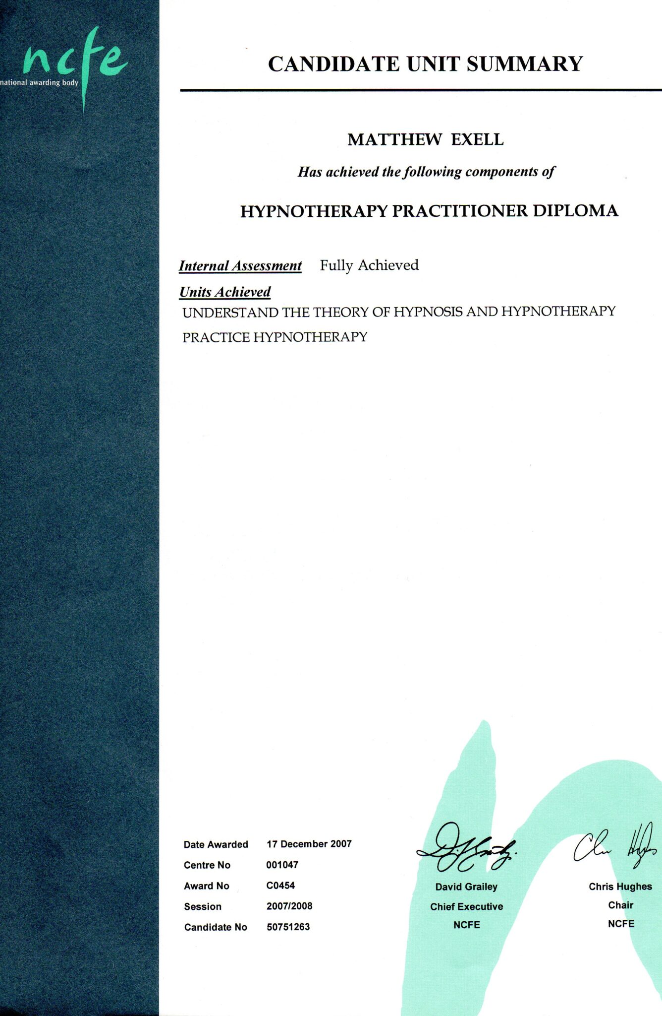 Qualifications and Certificates for Matthew Exell 2023 great