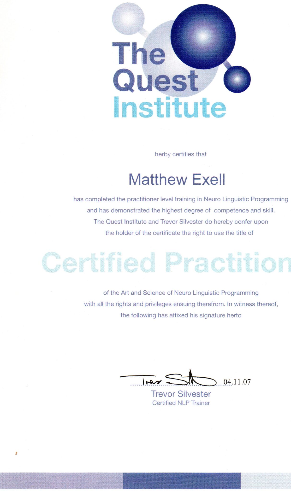 Qualifications and Certificates for Matthew Exell 2023 great