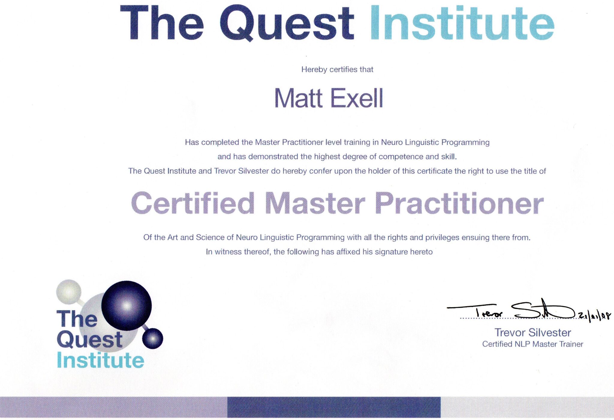 Qualifications and Certificates for Matthew Exell 2023 great